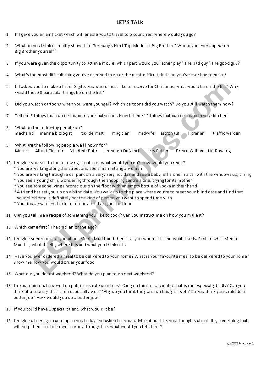Let´s Talk [advanced 1] - ESL worksheet by sarahjane68
